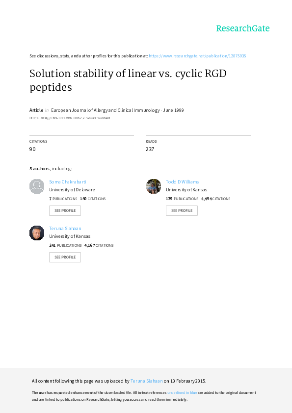 (PDF) Solution stability of linear vs. cyclic RGD peptides