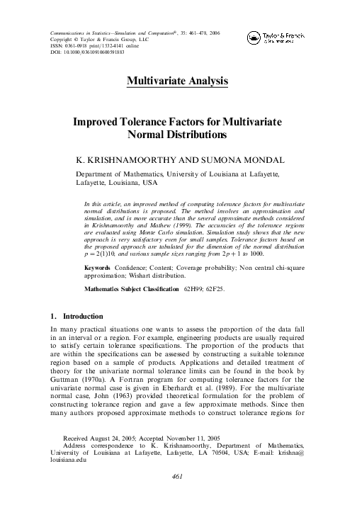 (PDF) Multivariate Analysis Improved Tolerance Factors for Multivariate Normal Distributions