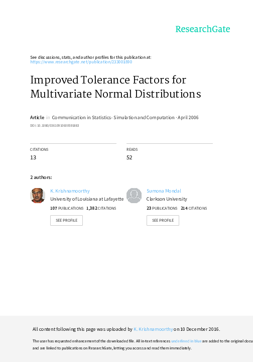 (PDF) Improved Tolerance Factors for Multivariate Normal Distributions