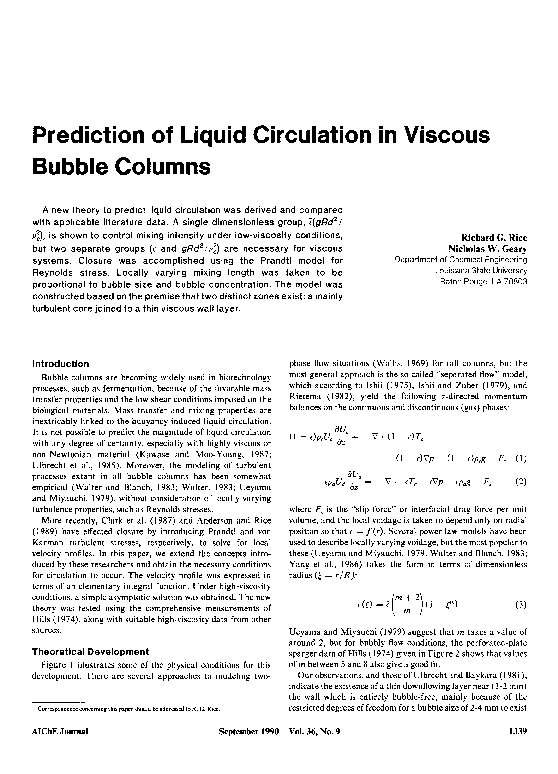 (PDF) Prediction of liquid circulation in viscous bubble columns | Richard G Rice - Academia.edu