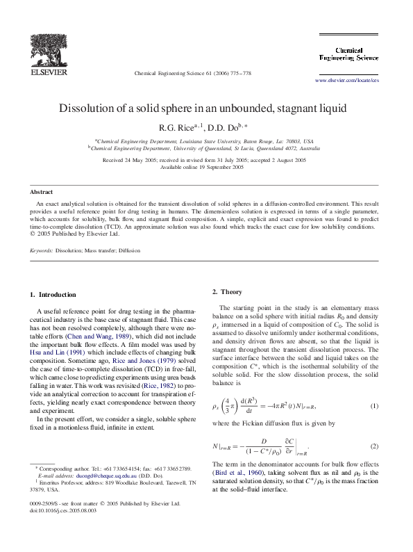 (PDF) Dissolution of a solid sphere in an unbounded, stagnant liquid
