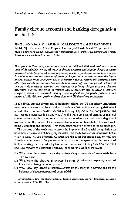 (PDF) Family cheque accounts and banking deregulation in the US