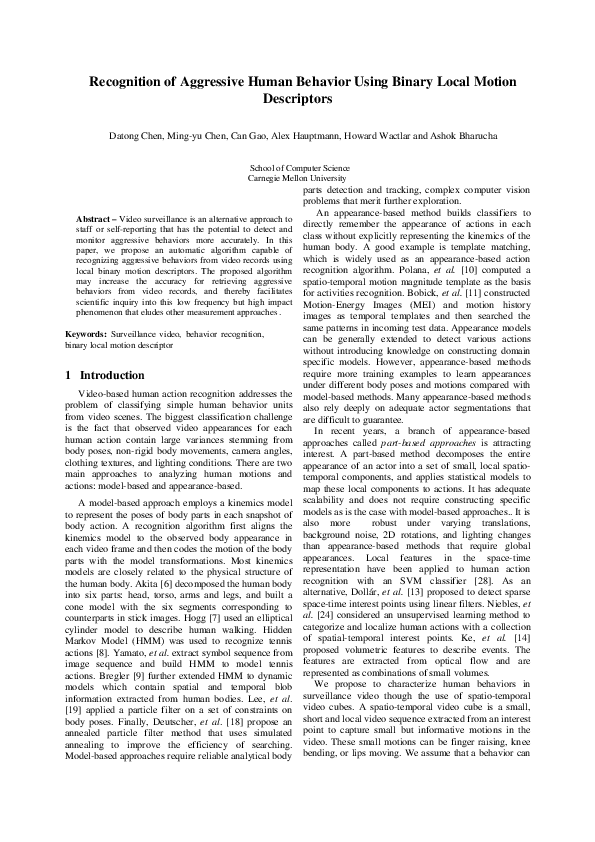 (PDF) Recognition of aggressive human behavior using binary local motion descriptors