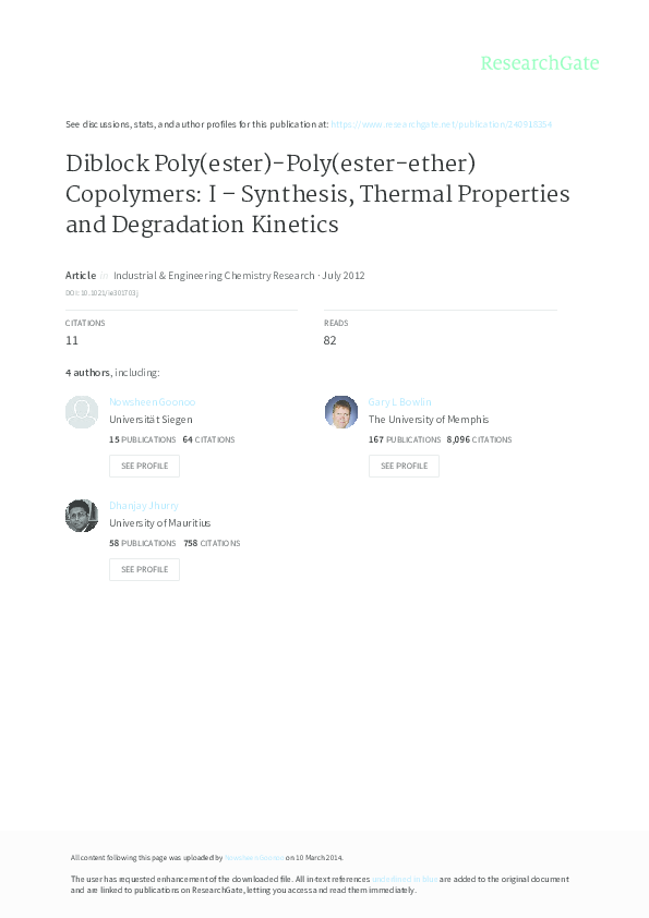 (PDF) Diblock Poly (ester)-Poly (ester-ether) Copolymers: I–Synthesis ...