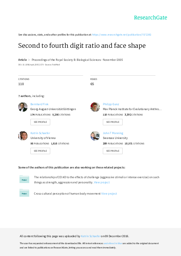 (PDF) Second to fourth digit ratio and face shape