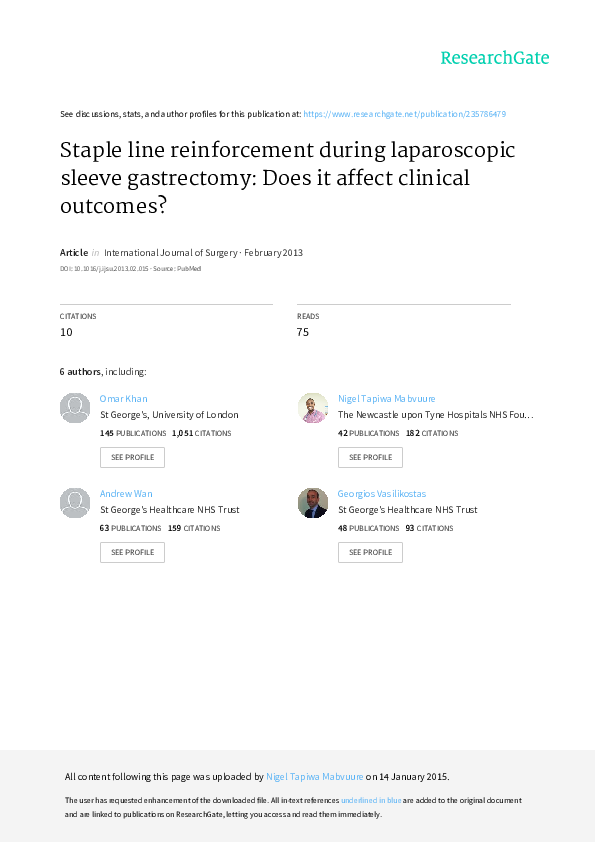 (PDF) Staple line reinforcement during laparoscopic sleeve gastrectomy ...