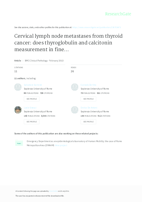 (PDF) Cervical lymph node metastases from thyroid cancer: does thyroglobulin and calcitonin ...