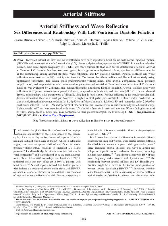 (PDF) Arterial Stiffness and Wave Reflection Sex Differences and Relationship With Left ...