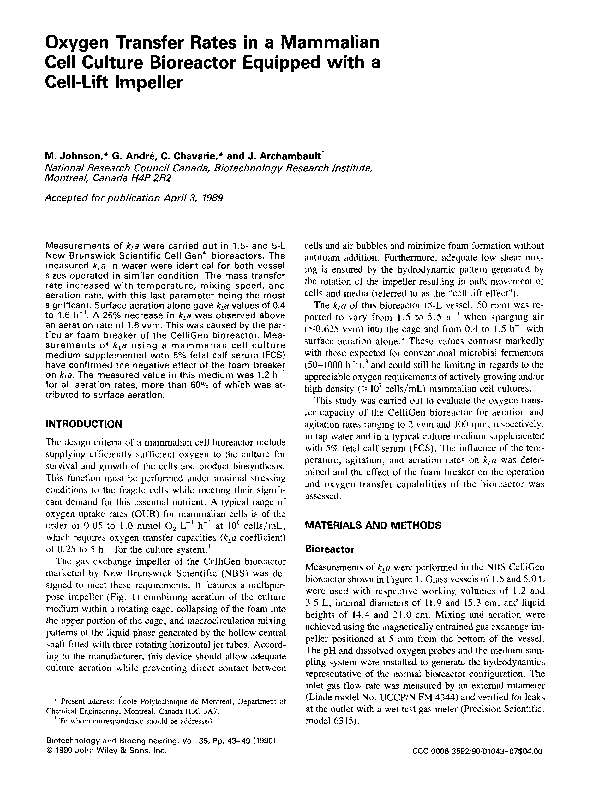 (PDF) Oxygen transfer rates in a mammalian cell culture bioreactor ...