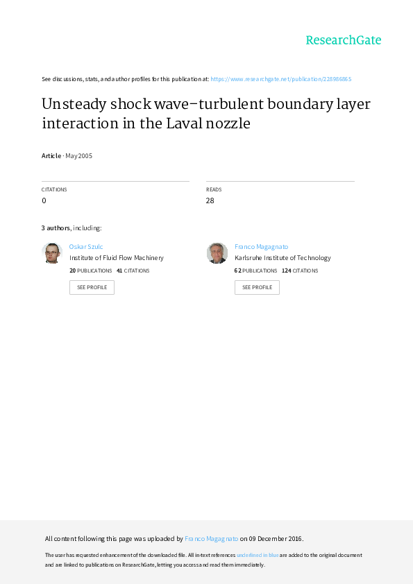 (PDF) Unsteady shock wave–turbulent boundary layer interaction in the Laval nozzle