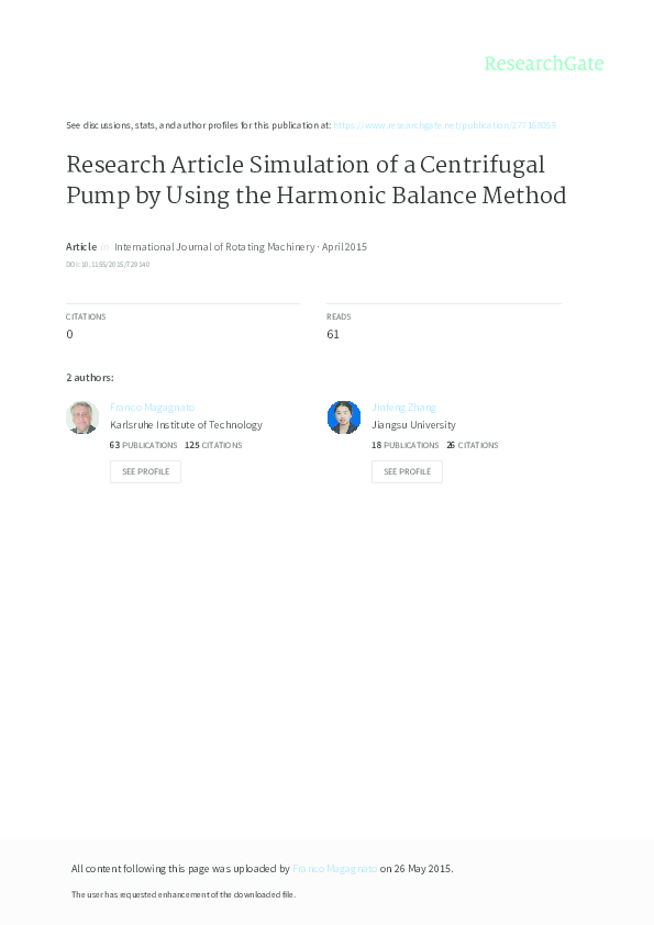 (PDF) Simulation of a Centrifugal Pump by Using the Harmonic Balance Method