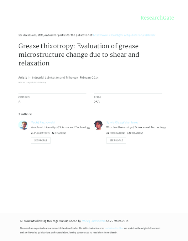 (PDF) Grease thixotropy: evaluation of grease microstructure change due ...