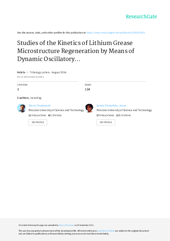 (PDF) Studies of the Kinetics of Lithium Grease Microstructure Regeneration by Means of Dynamic ...