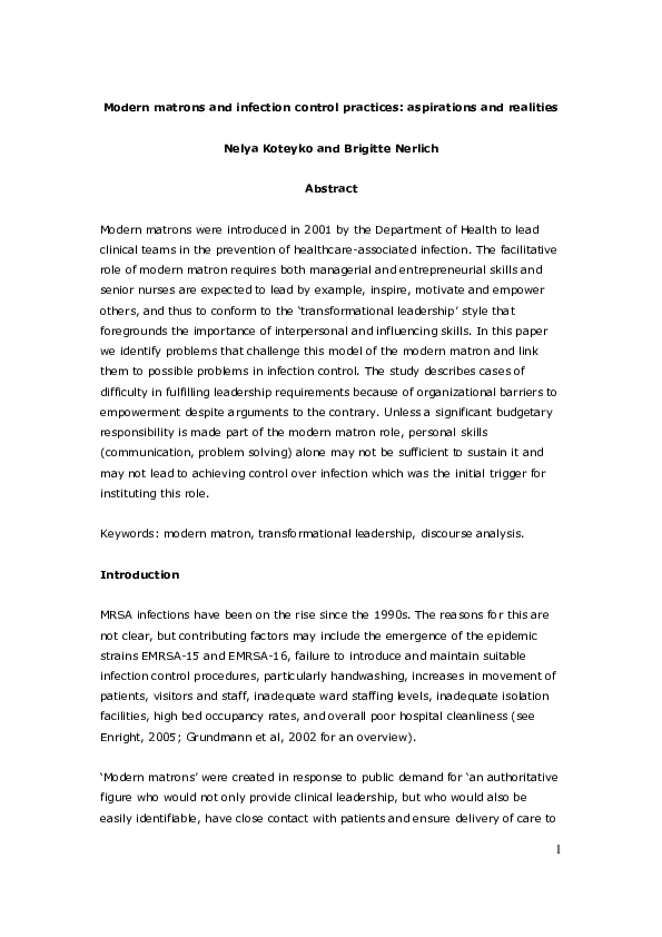 (PDF) Modern matrons and infection control practices: aspirations and ...