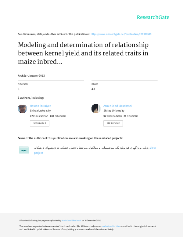 Pdf Modeling And Determination Of Relationship Between Kernel Yield And Its Related Traits In