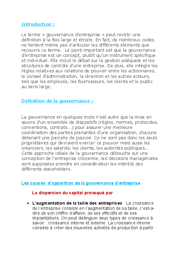 (DOC) Exposé sur la gouvernance des entreprises