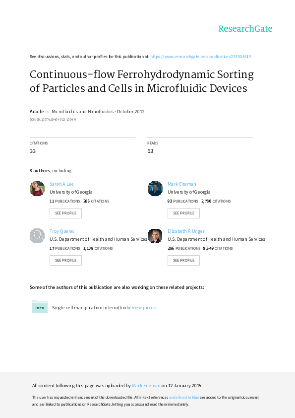(PDF) Continuous-flow ferrohydrodynamic sorting of particles and cells in microfluidic devices