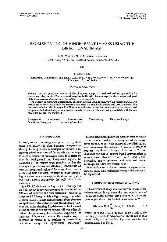 (PDF) Segmentation of fingerprint images using the directional image