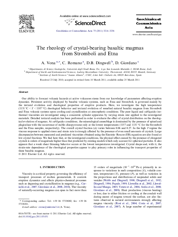 (PDF) The rheology of crystal-bearing basaltic magmas from Stromboli and Etna