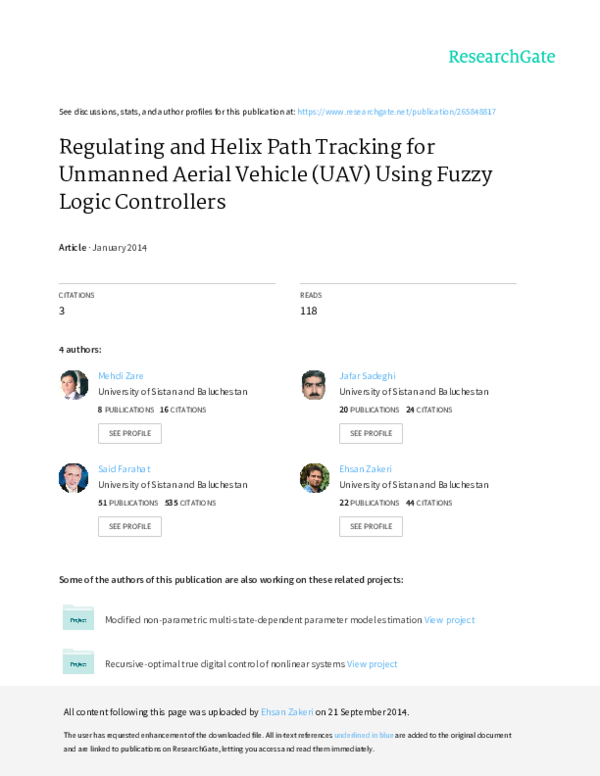 Pdf Regulating And Helix Path Tracking For Unmanned Aerial Vehicle Uav Using Fuzzy Logic