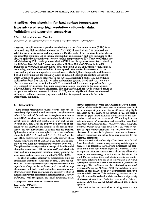 Pdf A Split Window Algorithm For Land Surface Temperature From
