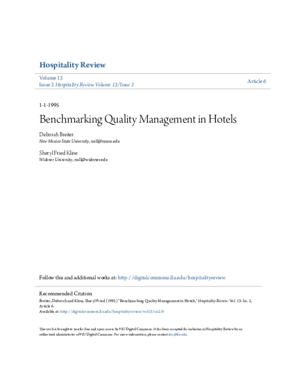 (PDF) Benchmarking Quality Management in Hotels