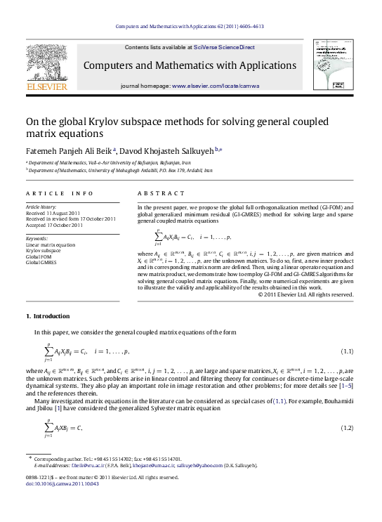 Pdf On The Global Krylov Subspace Methods For Solving General Coupled Matrix Equations