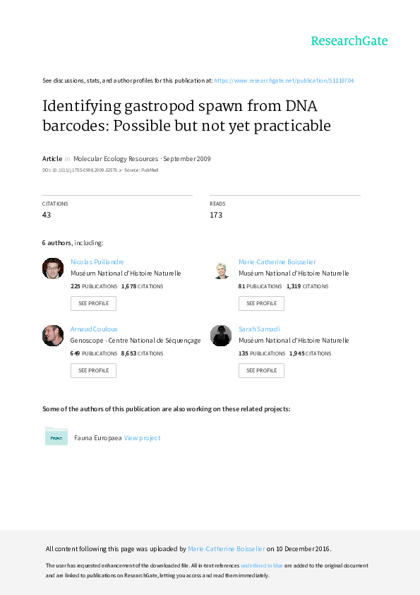 (PDF) Identifying gastropod spawn from DNA barcodes: possible but not ...