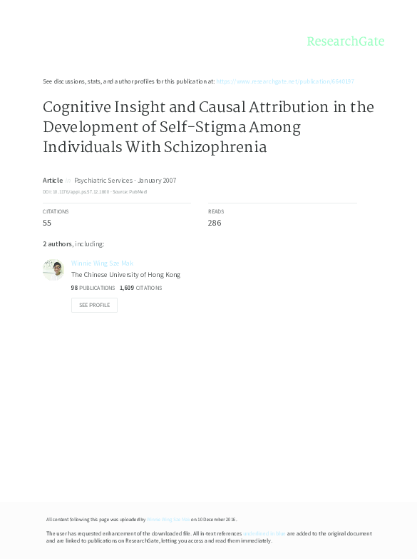 (PDF) Cognitive insight and causal attribution in the development of self-stigma among ...