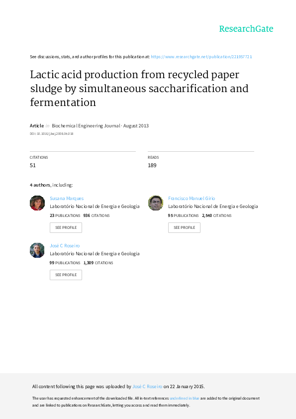 (PDF) Lactic acid production from recycled paper sludge by simultaneous saccharification and ...