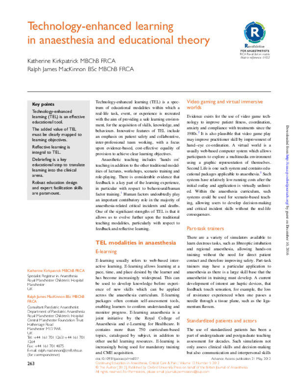 (PDF) Technology-enhanced learning in anaesthesia and educational theory