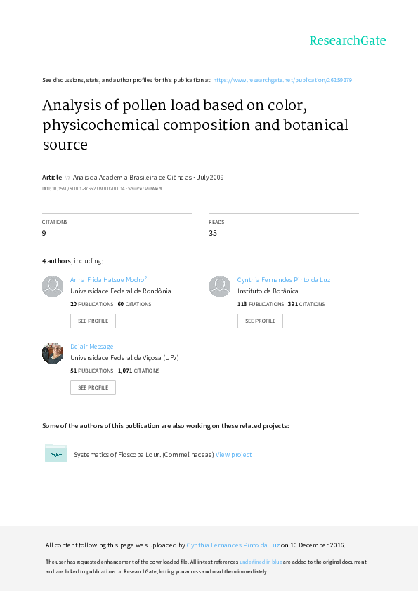 (PDF) Analysis of pollen load based on color, physicochemical ...