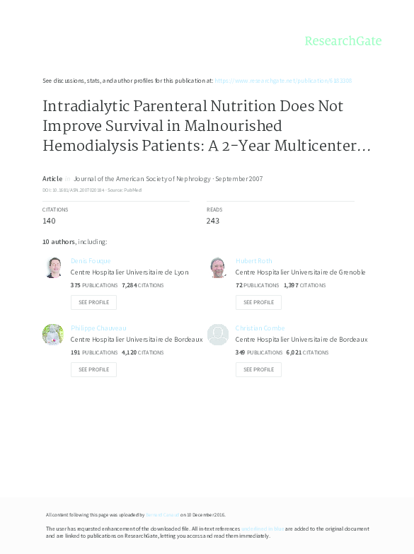 (PDF) Intradialytic parenteral nutrition does not improve survival in malnourished hemodialysis ...