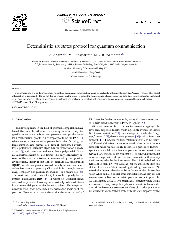 (PDF) Deterministic six states protocol for quantum communication