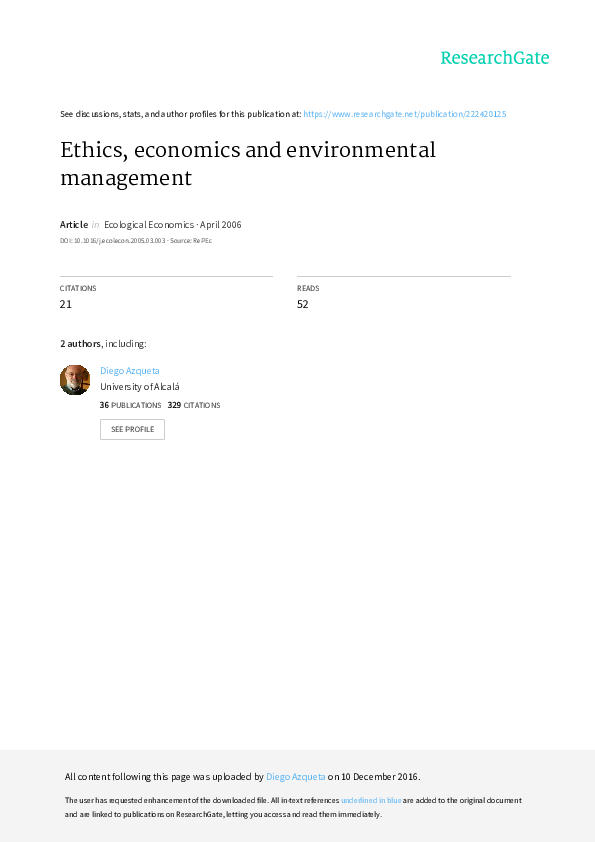(PDF) Ethics, economics and environmental management