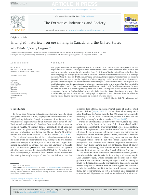 (PDF) Entangled histories: Iron ore mining in Canada and the United States