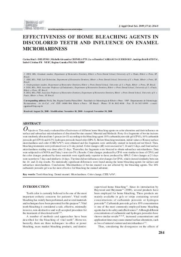 Pdf Effectiveness Of Home Bleaching Agents In Discolored Teeth And Influence On Enamel