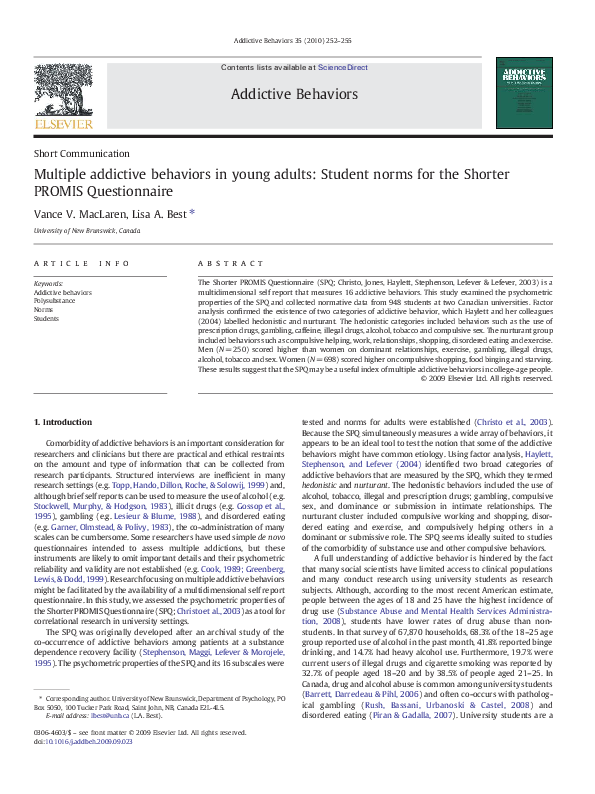 (PDF) Multiple addictive behaviors in young adults: Student norms for ...