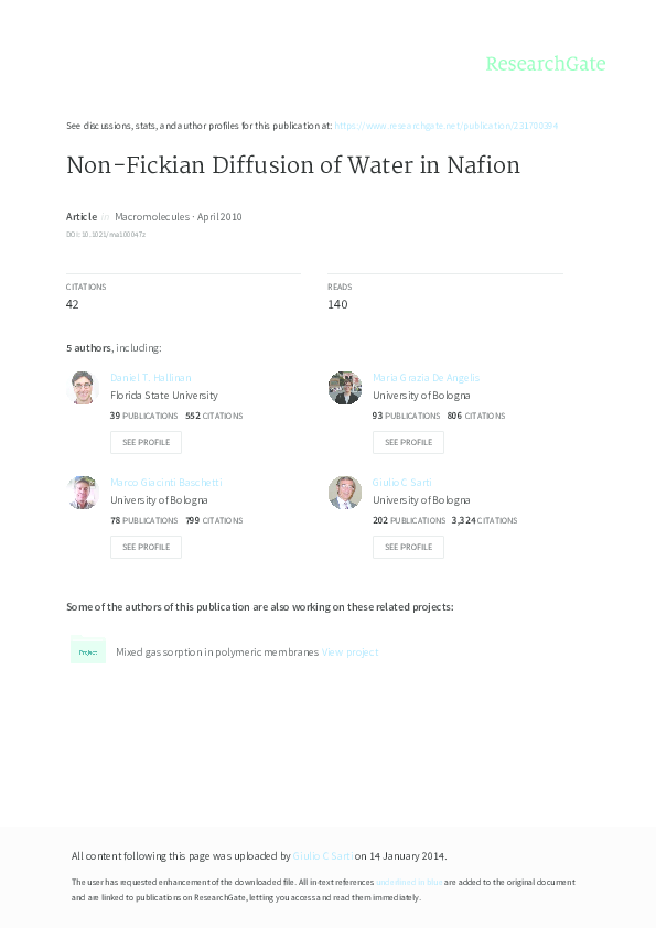 (PDF) Non-Fickian Diffusion of Water in Nafion