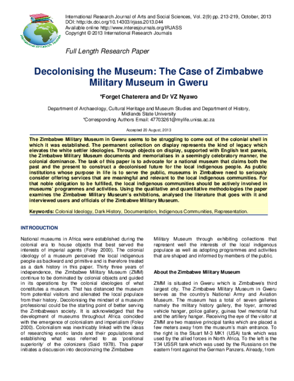 (PDF) Decolonising the Museum: The Case of Zimbabwe Military Museum in ...
