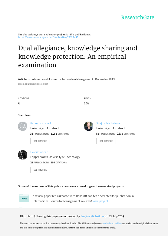 (PDF) Dual Allegiance, Knowledge Sharing, and Knowledge Protection: An ...