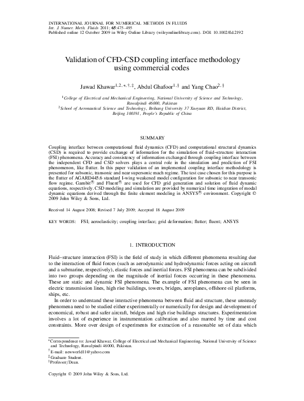 (PDF) Validation of CFD‐CSD coupling interface methodology using commercial codes
