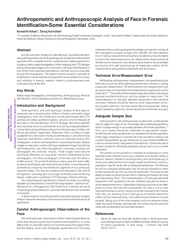 Pdf Anthropometric And Anthroposcopic Analysis Of Face In Forensic Identification Some