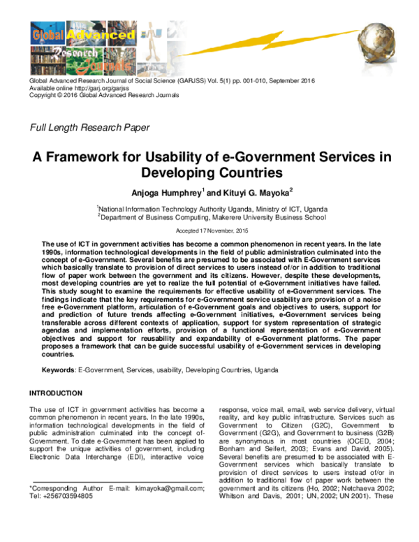 Pdf A Framework For Usability Of E Government Services In Developing Countries