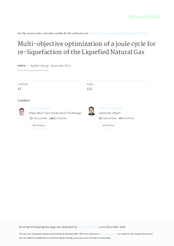 (PDF) Multi-objective optimization of a joule cycle for re-liquefaction of the Liquefied Natural Gas