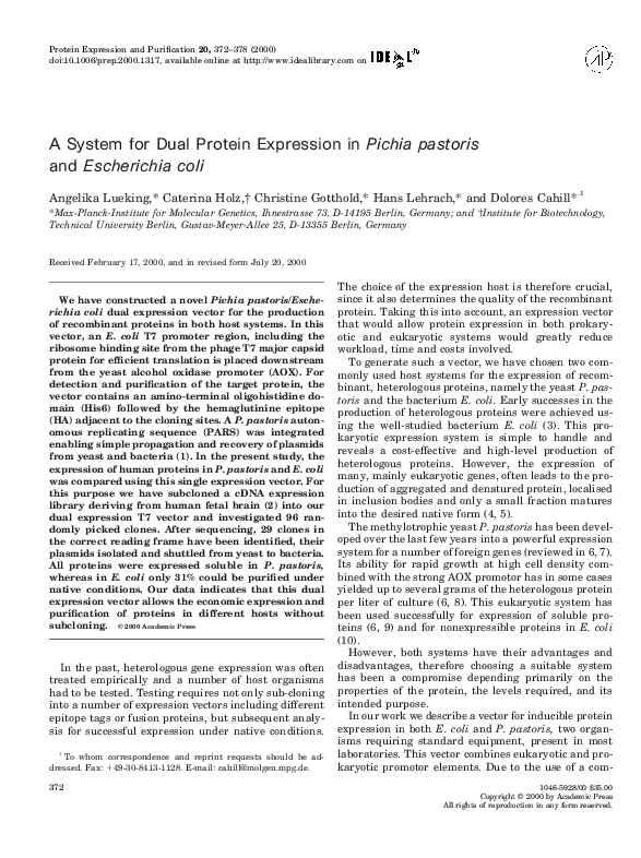 (PDF) A System for Dual Protein Expression in Pichia pastoris and Escherichia coli