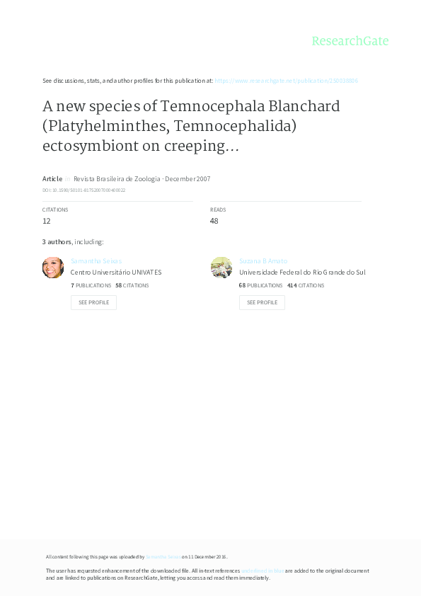 (PDF) A new species of Temnocephala Blanchard (Platyhelminthes ...