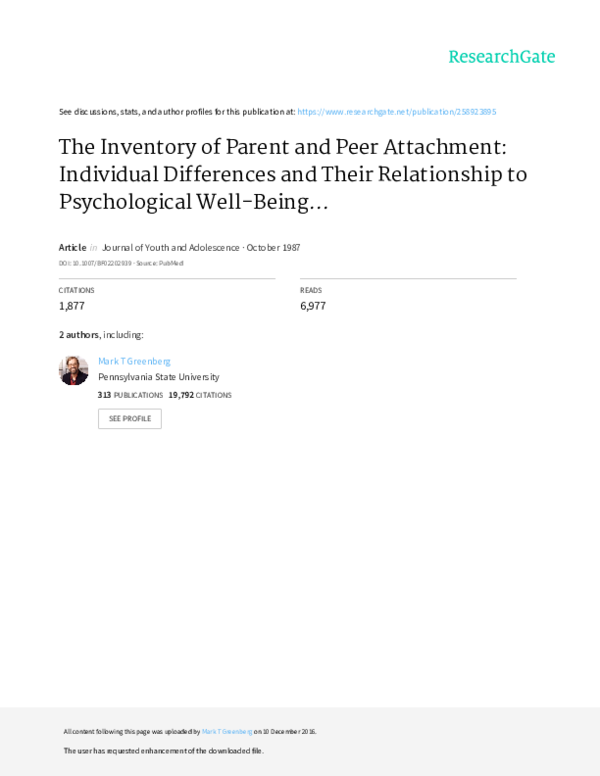 (PDF) The inventory of parent and peer attachment: Individual differences and their relationship ...