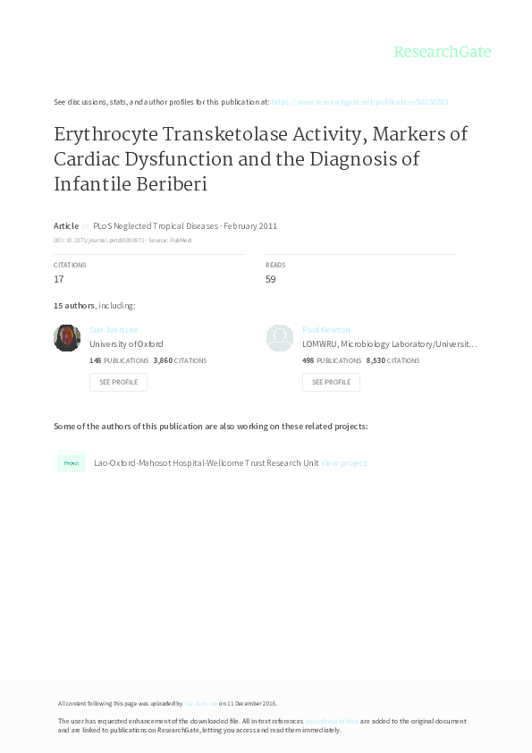 (PDF) Erythrocyte transketolase activity, markers of cardiac ...