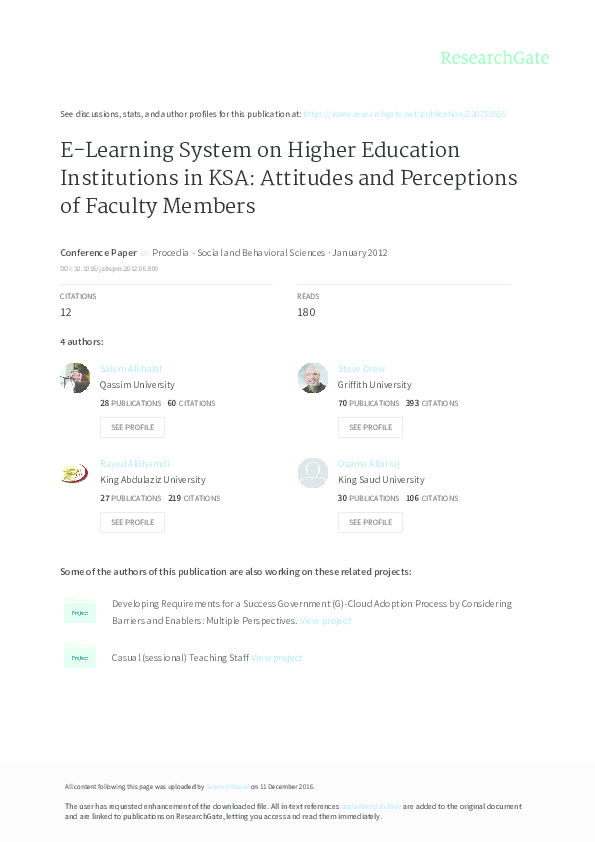 (PDF) E-Learning System on Higher Education Institutions in KSA: Attitudes and Perceptions of ...